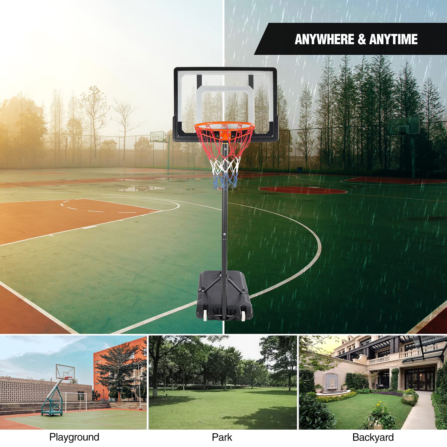 Domaker Adjustable Basketball Hoop Stand Outdoor, 5-7 FT Height Basketball Portable Goal System with Backboard & Wheels, Fillable Base, Easy to Assemble, Black & White