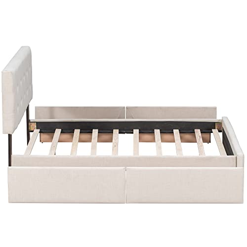 Harper & Bright Designs Queen Size Upholstered Platform Bed with Storage, Queen Bed Frame with 4 Drawers and Tufted Headboard for Teens Adults, No Box Spring Needed, Beige