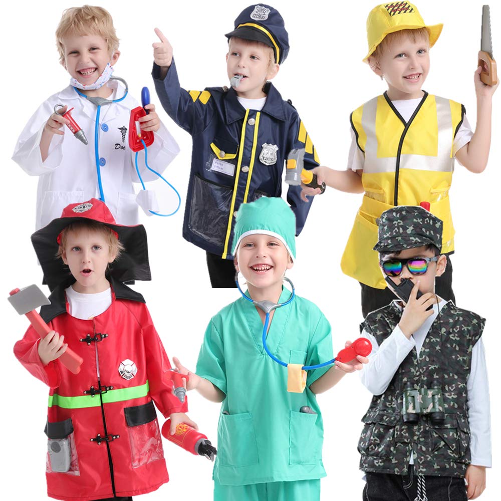 TopTie 6 Sets Kids Costumes with Storage Box, Dress Up Pretend Play Uniforms with Accessories Aged 3-7
