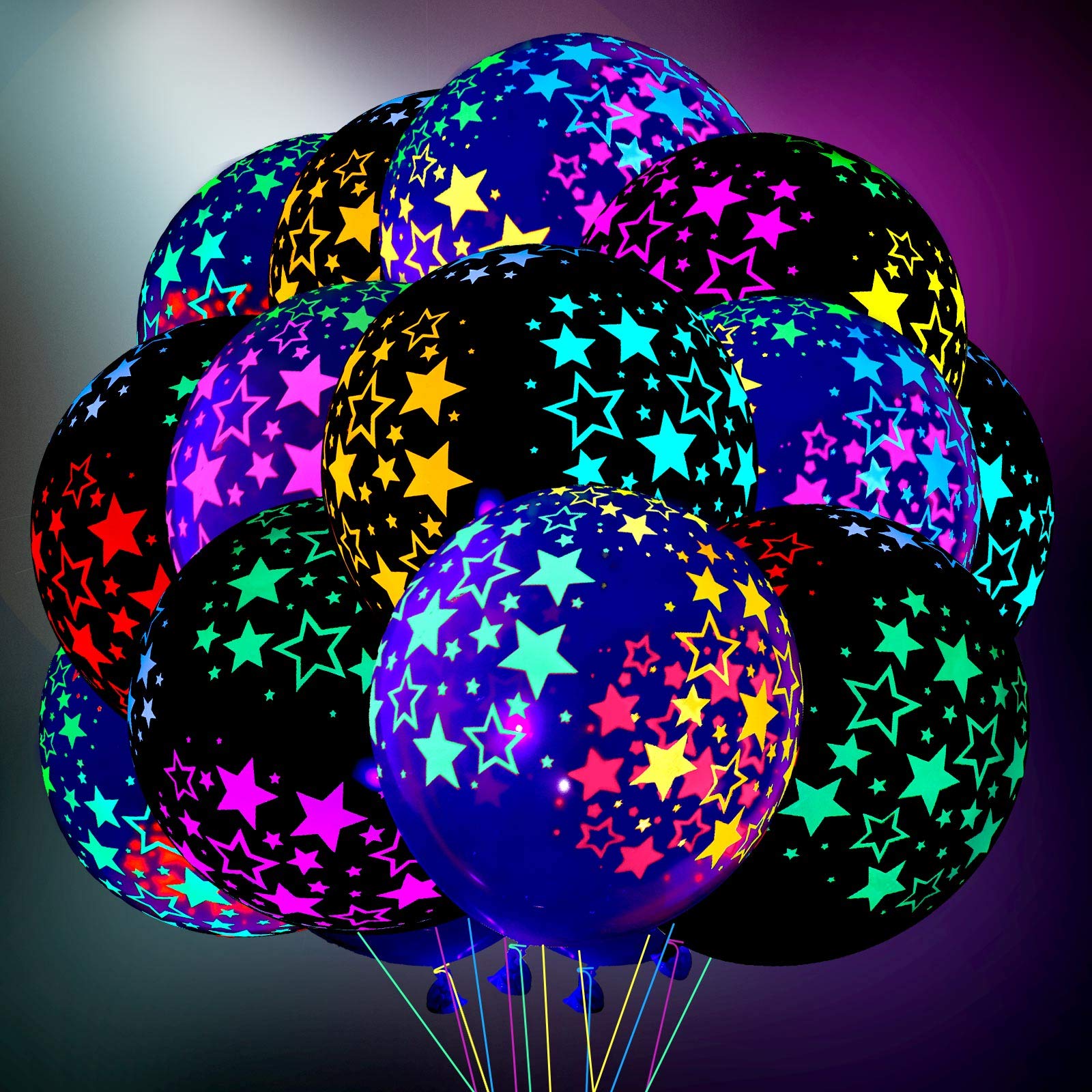 Chivao 50 Pieces Neon Glow Balloons Neon Stars Glow in Blacklight Black Light Fluorescent Mini Stars Party Balloons Neon Latex Balloons for Birthday Wedding Arch Party Decoration (Black, Clear)