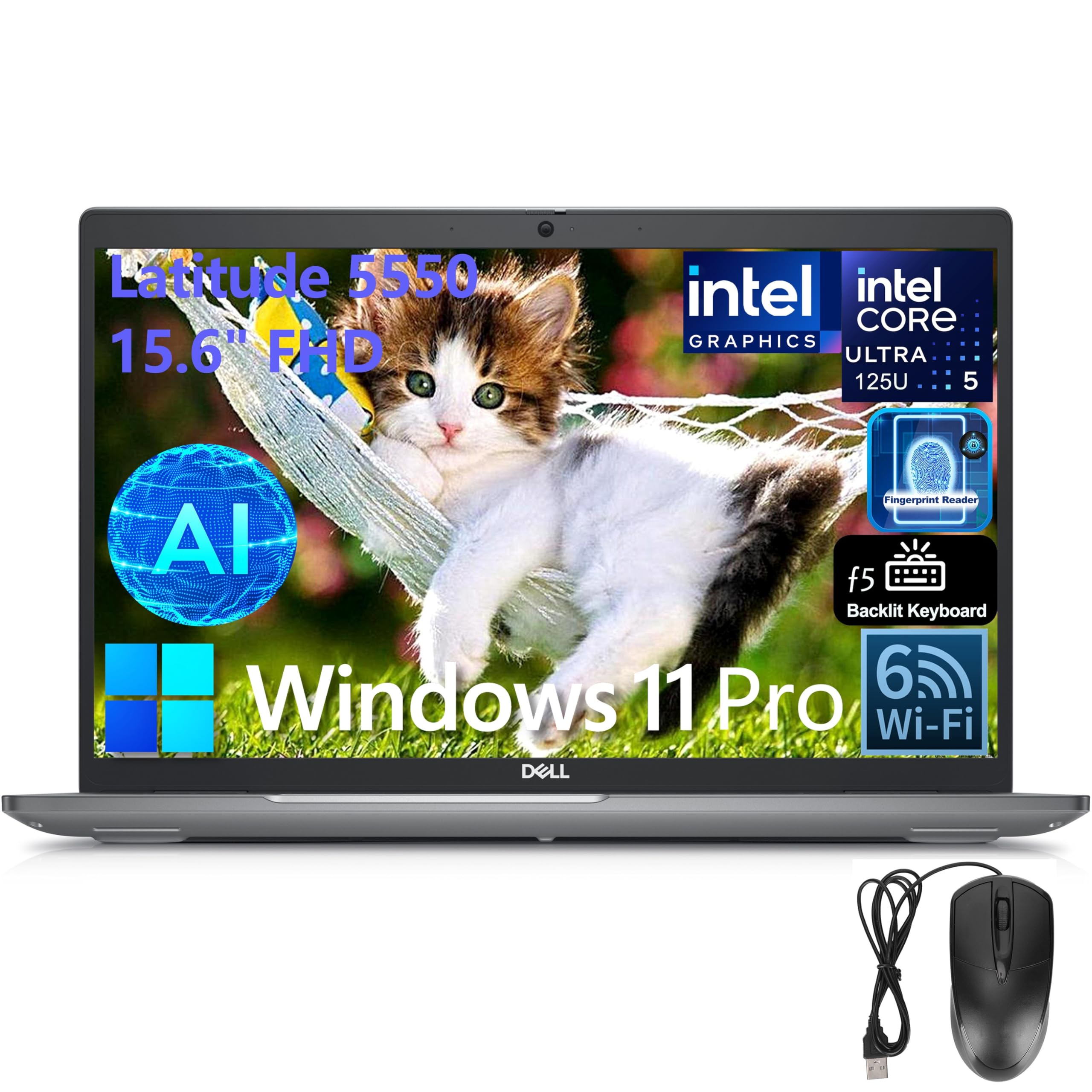 Dell Latitude 5550 15 15.6" FHD Business AI Laptop Computer, Intel Ultra 5 125U (Beat i7-1355U), 4GB DDR5 RAM, 512GB SSD, WiFi 6, Bluetooth 5.3, Backlit Keyboard, Fingerprint Reader, Windows 11 Pro