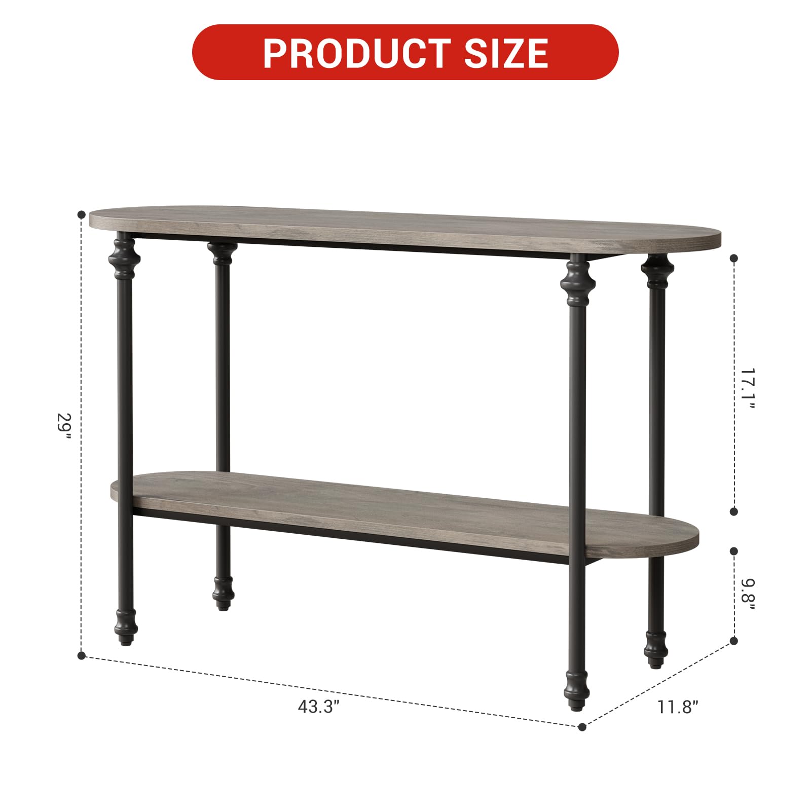 GarveeHome Entryway Table, 43.3" Long Console Table with Storage, 2 Tier Wood Console Table with Metal Frame and MDF, Sofa Tables Behind Couch, Hallway Table for Foyer-Grey