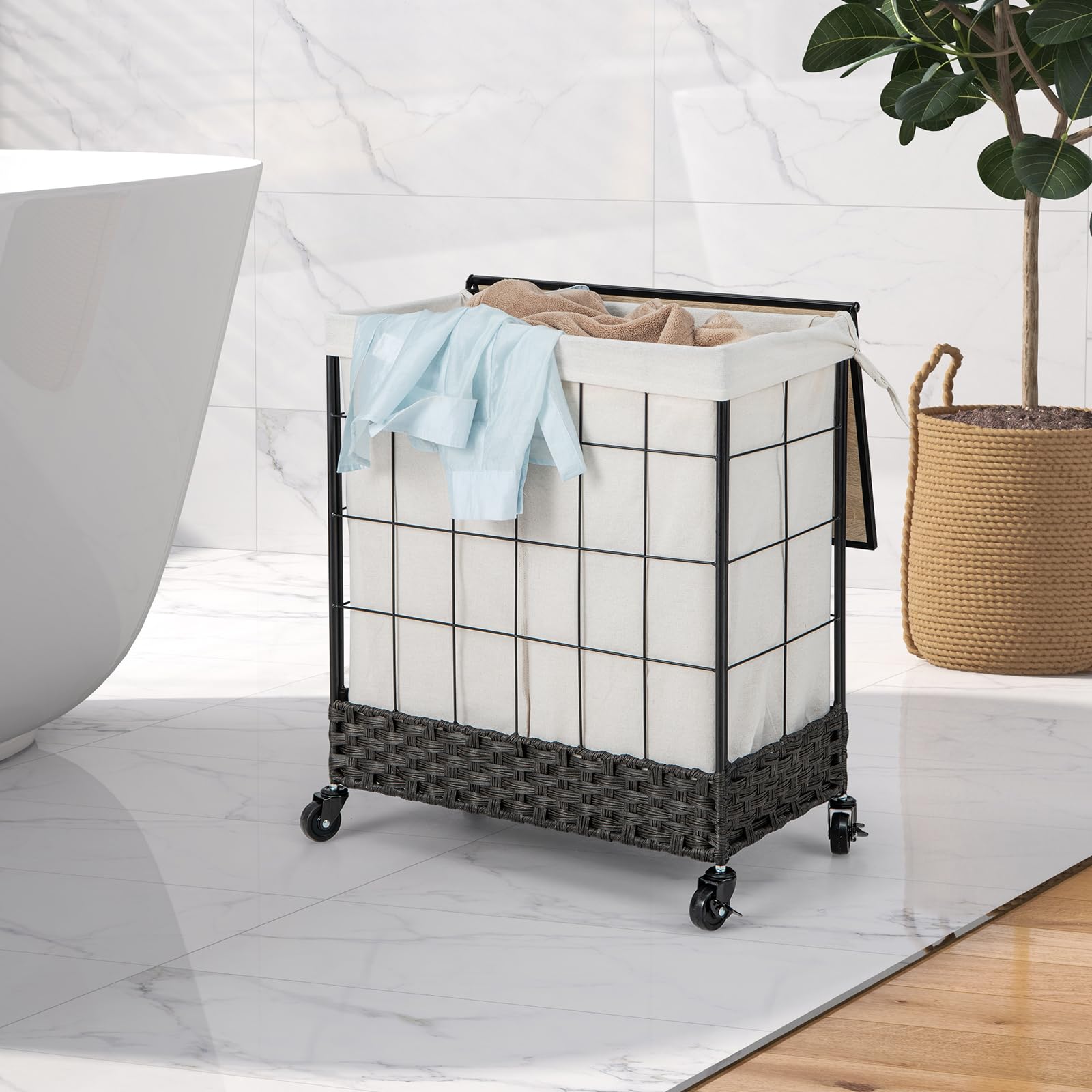 Giantex Laundry Hamper with Wheels and Lid, 110L Heavy Duty Laundry Sorter with Removable Liner Bag & Wood Lid, 2-Section Divided Metal Laundry Basket, Handwoven Rattan Rolling Laundry Basket (Black)