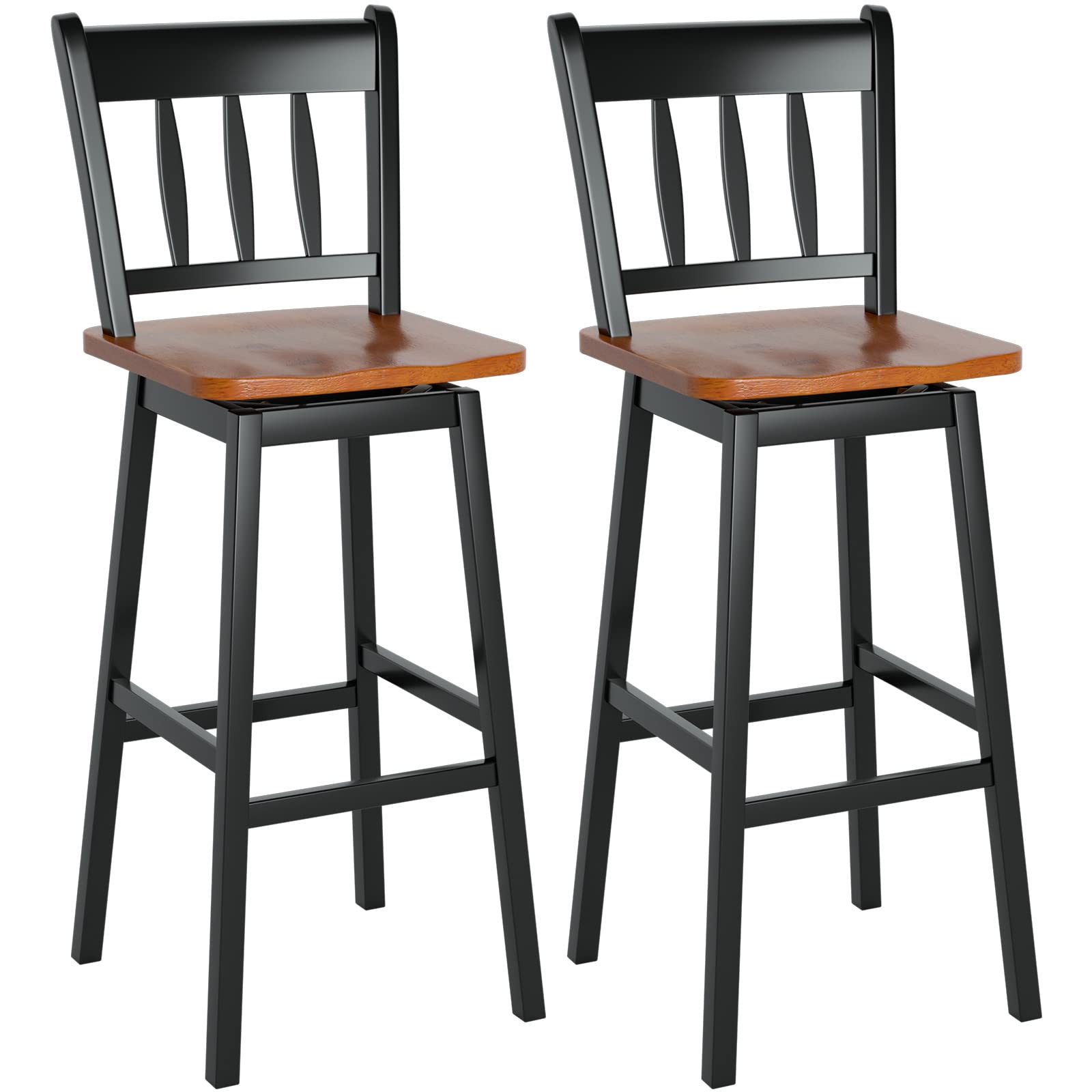 COSTWAY Bar Stools Set of 2, 30.5 Inch Solid Rubber Wood Bar Chairs with 360 °Swiveling, Footrest, Swivel Pub Height Barstools with Back Ideal for Kitchen Island, Counter, Pub(Set of 2, Black)