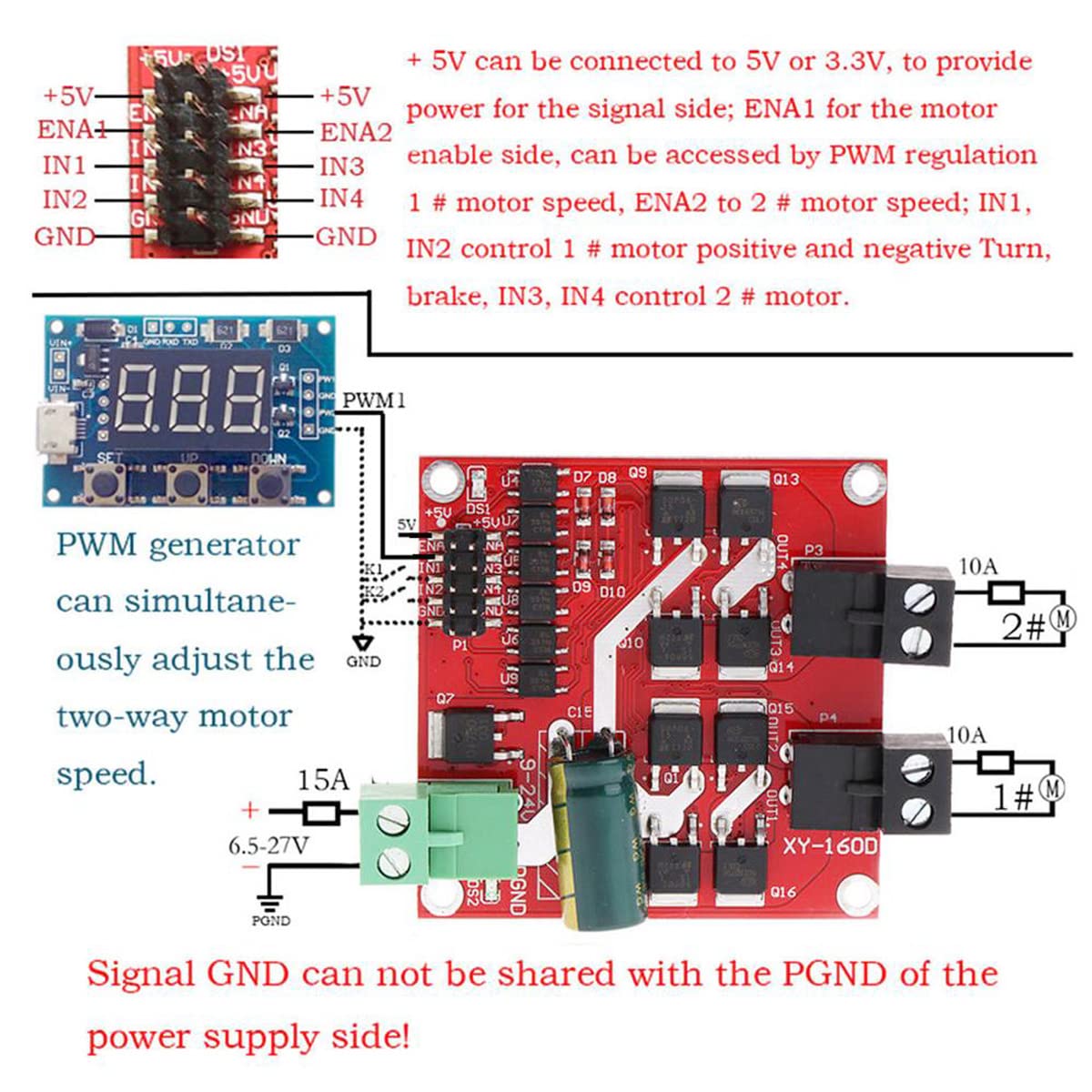 DKARDU L298 Dual H Bridge Motor Speed Controller DC Motor Driver DC 6.5V-27V 7A PWM Motor Regulator Board 12V 24V 160W with Optocoupler Isolation,with Dupont Cable