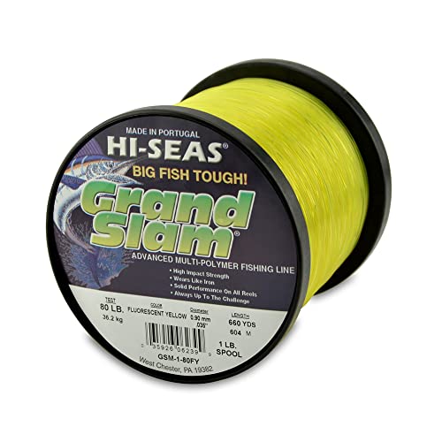 Hi-Seas Grand Slam Monofilament Line, 80 lb / 36.2 kg Test, 035 in / 0.90 mm Dia, Fluorescent Yellow, 660 yd / 604 m