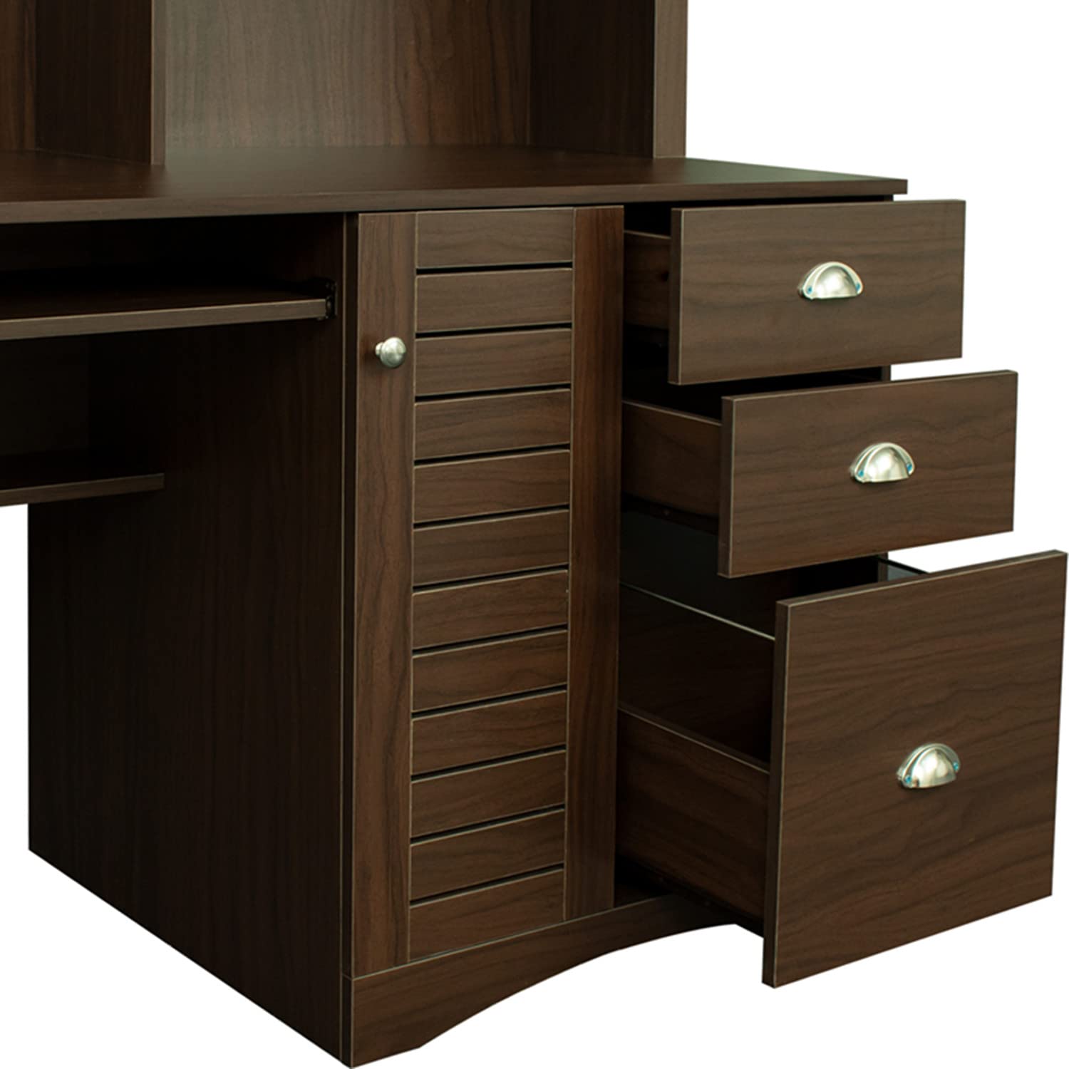 Computer Desk with 3 Drawers and Hutch, Wood Executive Desk with 2 Open Shelves Laptop Home Office Desk with Keyboard Tray Writing Study Table for Teens Adults Cable Management Grommets, Dark Brown