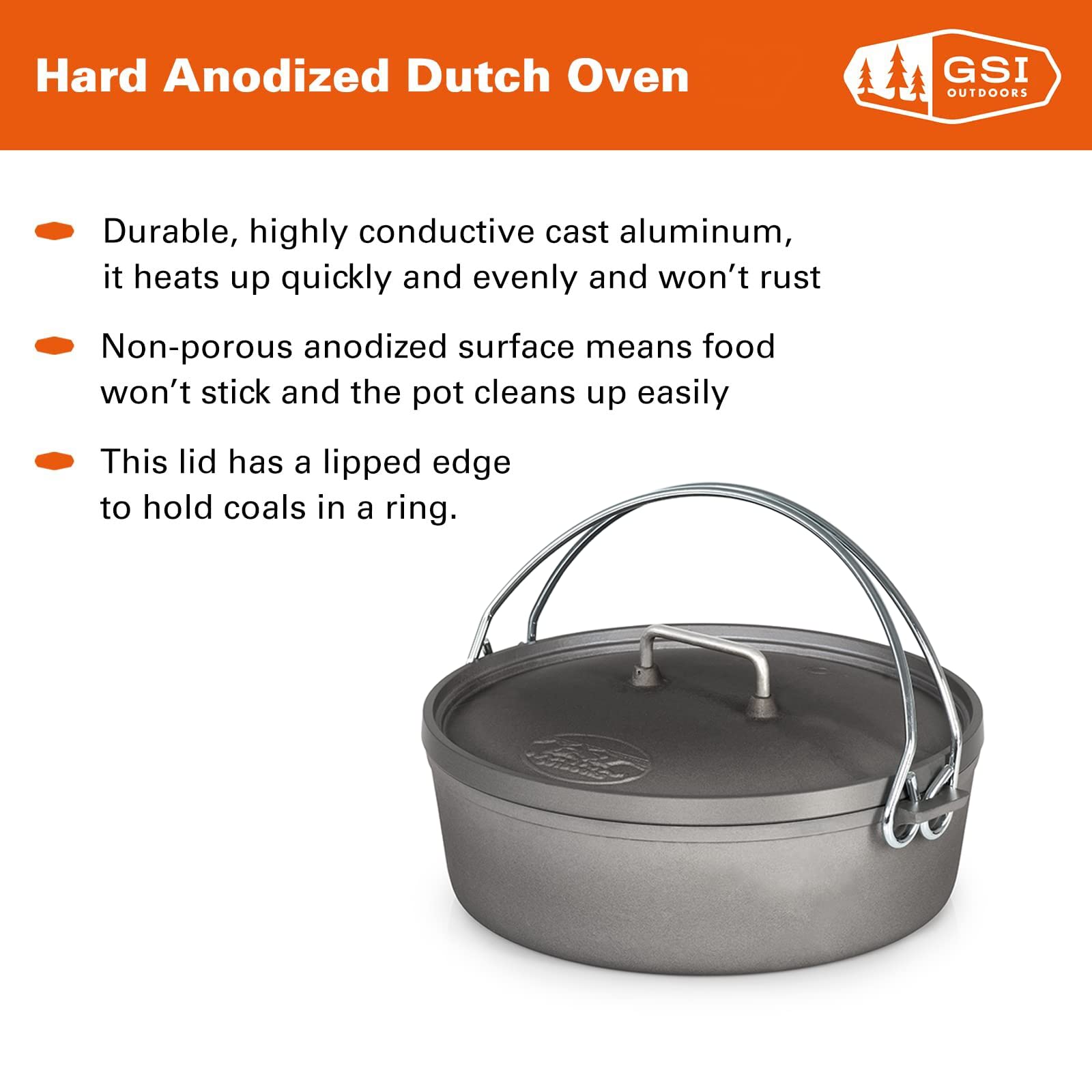 GSI Outdoors 10-Inch Hard Anodized Dutch Oven | Heavy-Duty, Non-Reactive, Rust-Free | Perfect for Open Fire, Camp Coals, Home Oven Use | Dutch Oven for Sourdough Bread, Stews, Soups and More