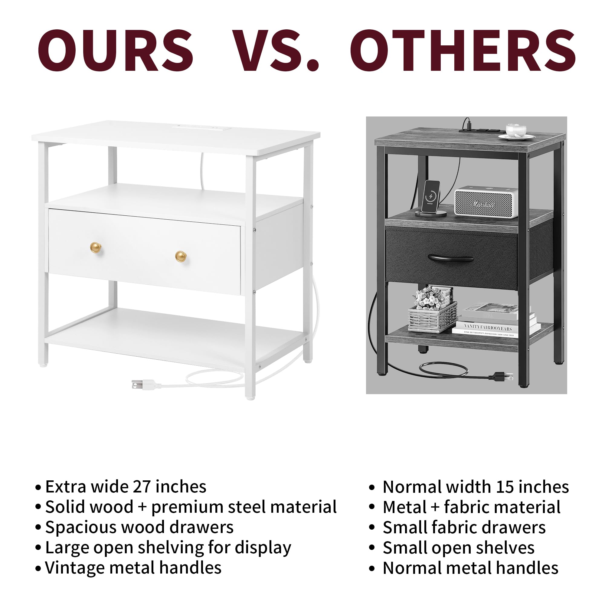 Edbuosy 2 Sets 27 inch Nightstand Side Table with 1 Layer of Wooden Drawers,Nightstand with Charging Station,End Table Bedside Table with USB Ports and Outlets