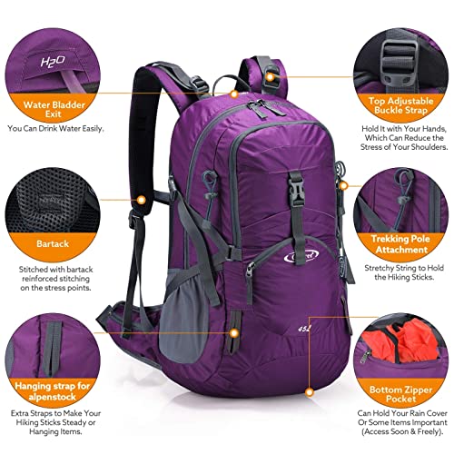 G4Free 45L Hiking Travel Backpack Waterproof with Rain Cover, Outdoor Camping Daypack for Men Women(Purple Red)