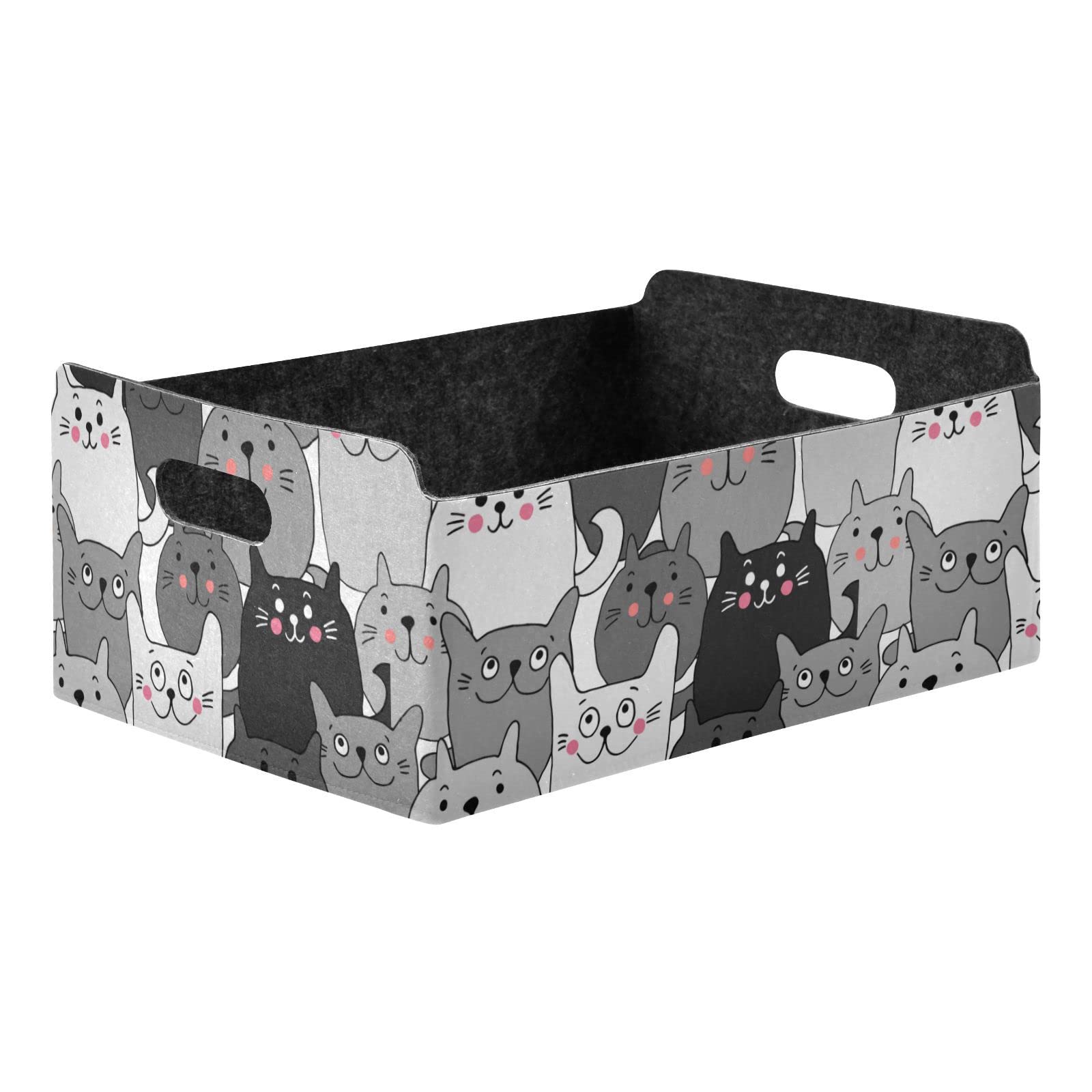 CaTaKu Foldable Storage Basket Black and White ะกats Collapsible Felt Storage Bins with Handle Drawer Organizer Bin Cube Shelf Box for Organizing Closet Clothes Office Books Bedroom