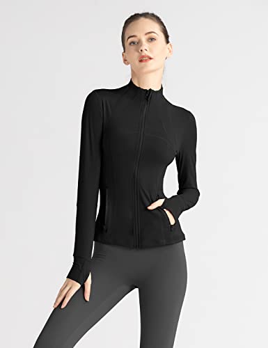 Gacaky Women's Slim Fit Workout Running Track Jackets Full Zip-up Yoga Athletic Jacket with Thumb Holes Black X-Small