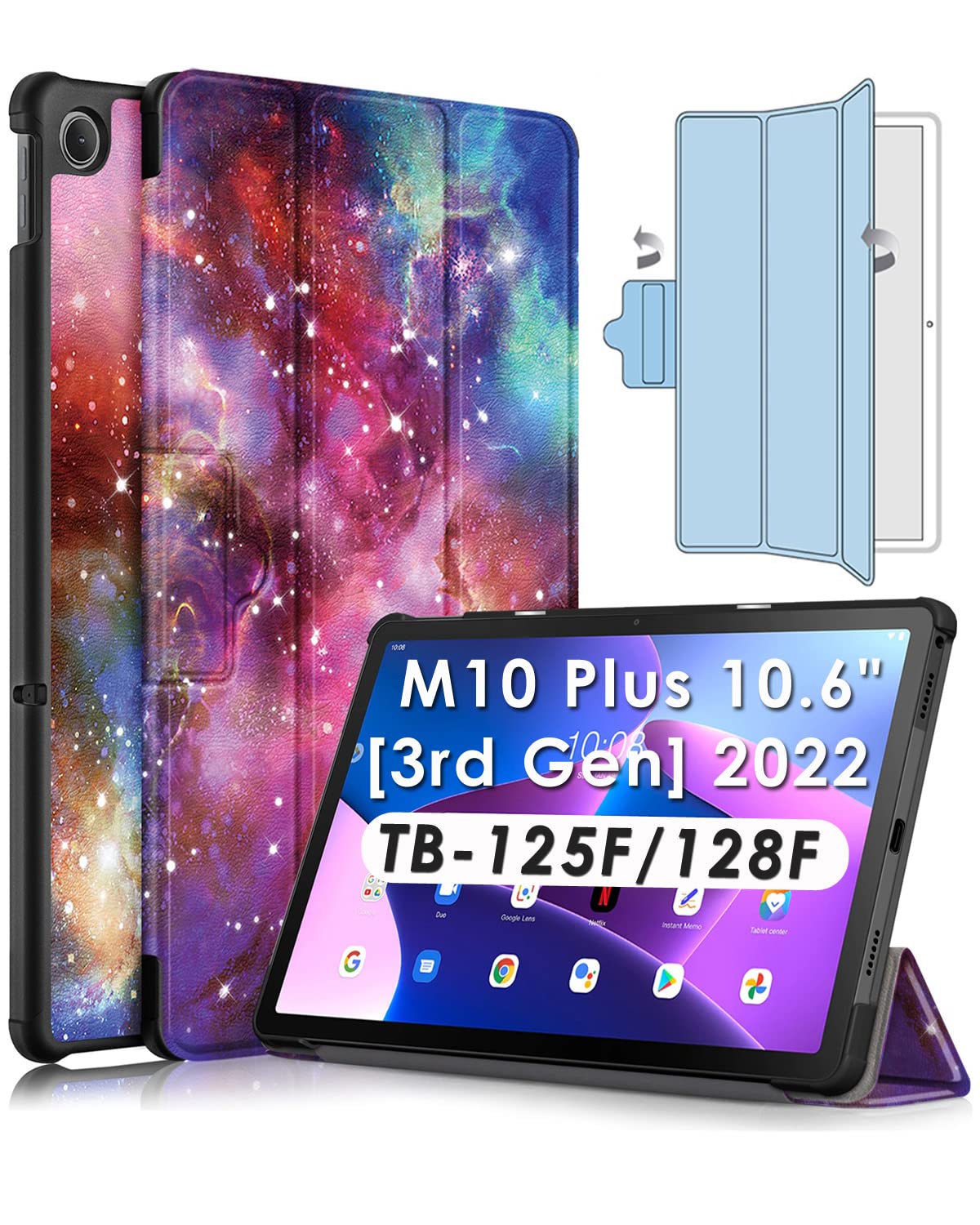 DETUOSI Slim Smart Case for Lenovo Tab M10 Plus 10.6 inch [3rd Gen] 2022 (TB-125F/TB-128F),【Auto Sleep/Wake】Tri-fold Folio Leather Protective Book Cover with Hard Back Shell + Magnetic Stand#Milky way