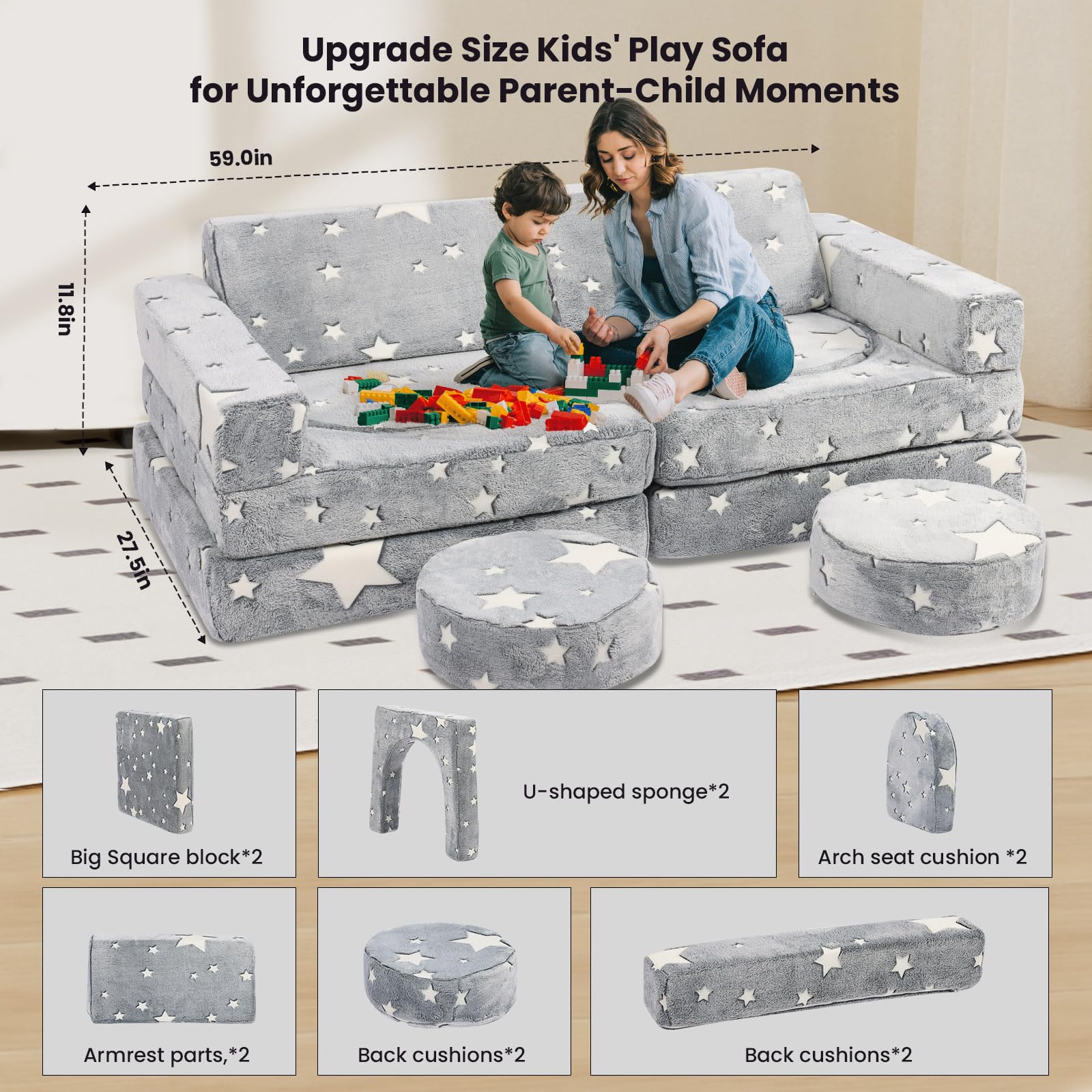 Edbuosy Modular Kids Play Couch- 12-in-1 Large Kids Sofa with Fluorescent Pattern for Playroom Bedroom Kids Couch Suitable for Playing Creativity and Sleeping for Boys and Girls-Grey Star