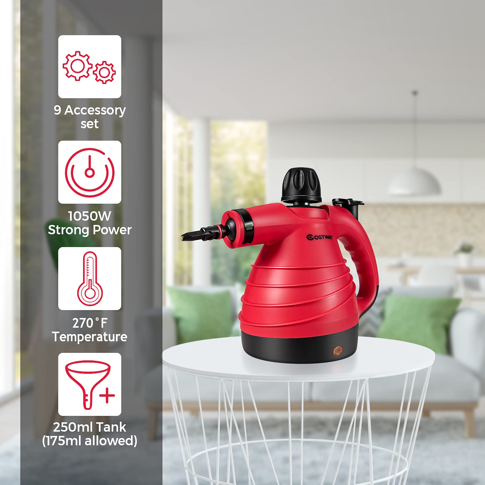 COSTWAY Handheld Steam Cleaner, 1050W Multipurpose Steamer Cleaning with 9-Piece Accessory Set, Safe Lock, Chemical Free and Powerful, Portable Steam Cleaner for Kitchen, Bathroom, Windows, Floors (Red)