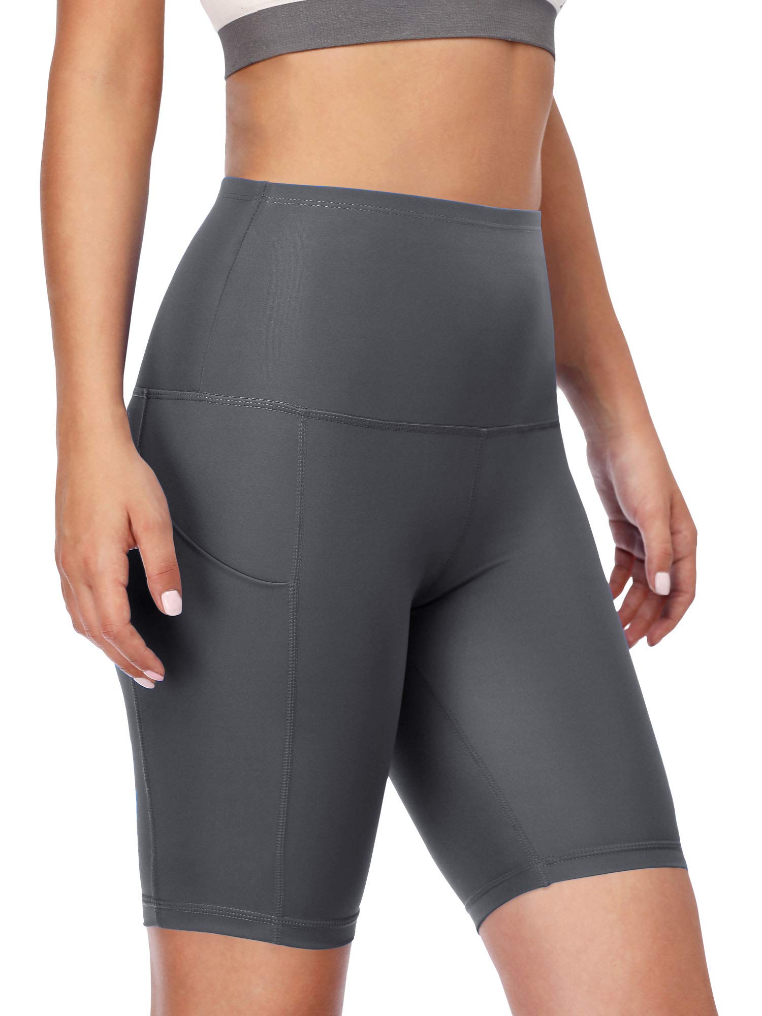 CADMUS Women's High Waist Spandex Yoga Shorts for Bike Running Two Side Pockets,10,Black,Grey,Navy Blue,Medium