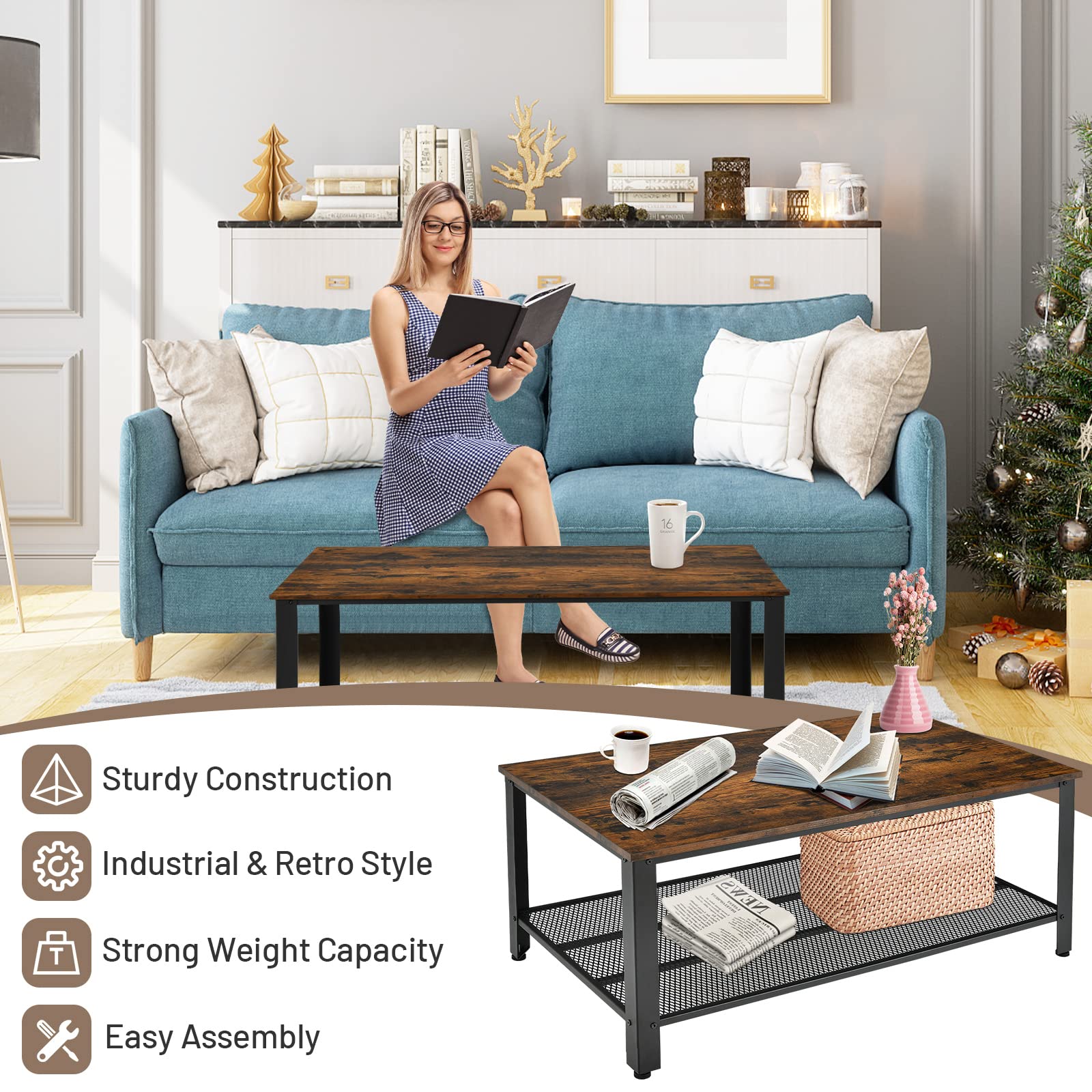 COSTWAY Industrial Coffee Table with Storage Shelf, 2-Tier Vintage Central Entertainment Console Table, Retro Accent Cocktail Tea Table for Living Room Office, Easy Assembly (Rustic Brown)