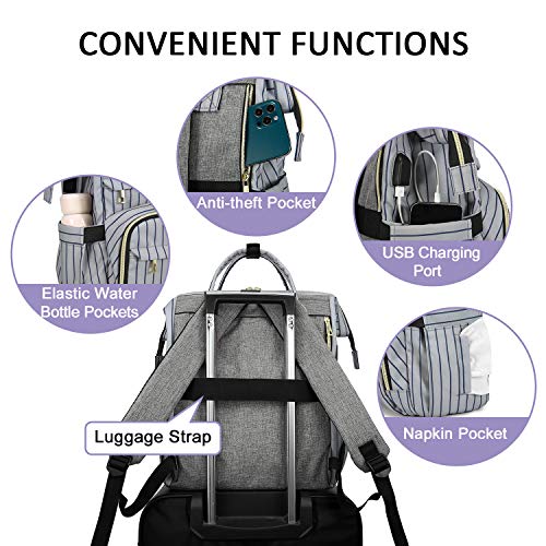 LOVEVOOK Backpack Women Laptop Bag Plait Laptop Backpack Computer Bag Work Bag Backpack Purse with USB Charging Port and Luggage Strap,All Stripe Grey