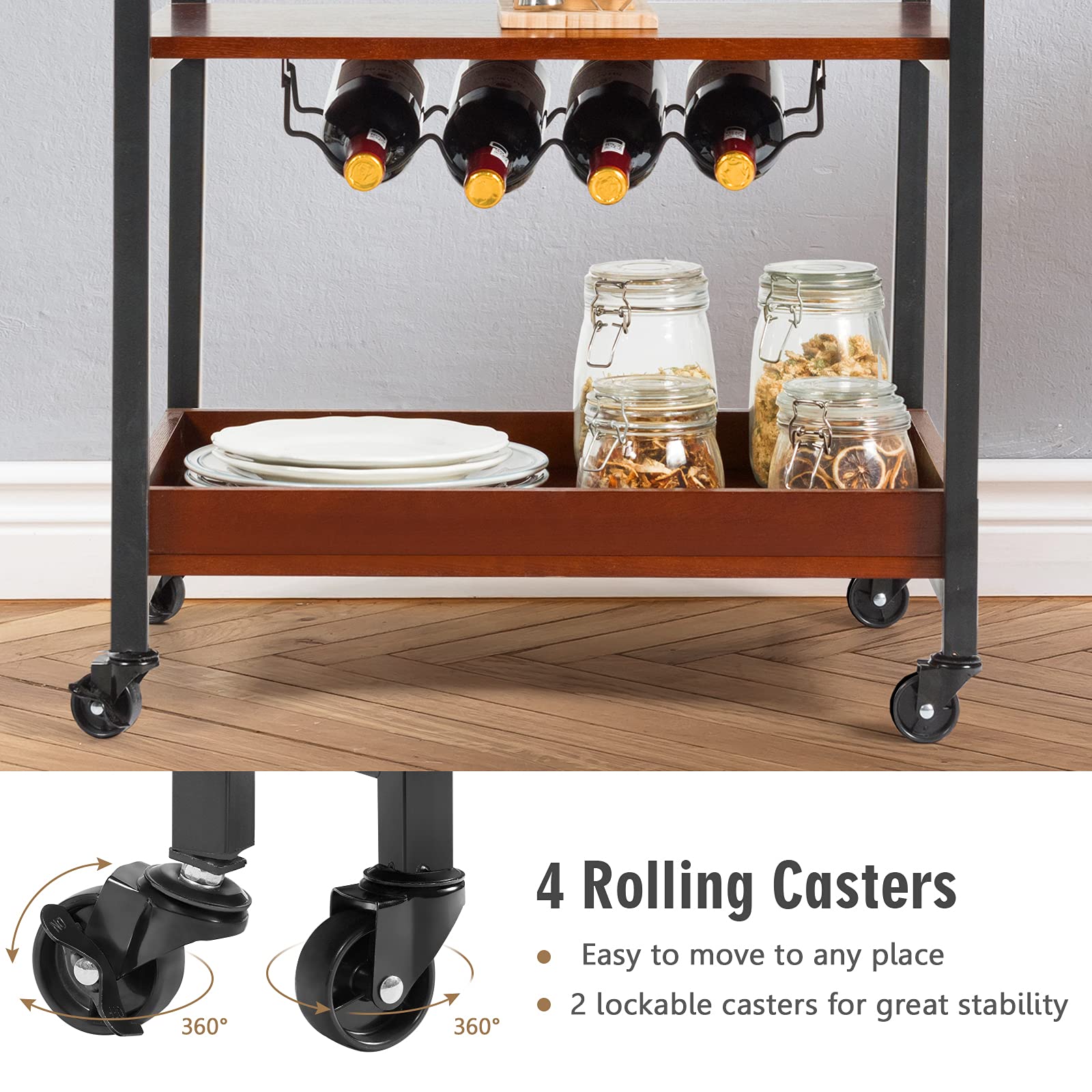COSTWAY Kitchen Rolling Island Cart, 3-Tier Rolling Bar Serving Cart with Wine Rack & Glass Holders, Industrial Baker’s Rack on Wheels, Convenient Handle, Brown