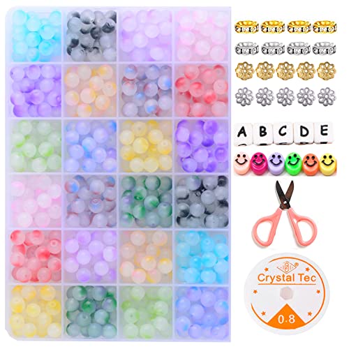 Glass Beads Kit for Jewelry Making Bracelet Charms Set Bulk Crafts 480pcs 8mm Round 12colors with Accessories, Chakra Bead DIY Beading Necklace Adults Beginners (Glass Jade)