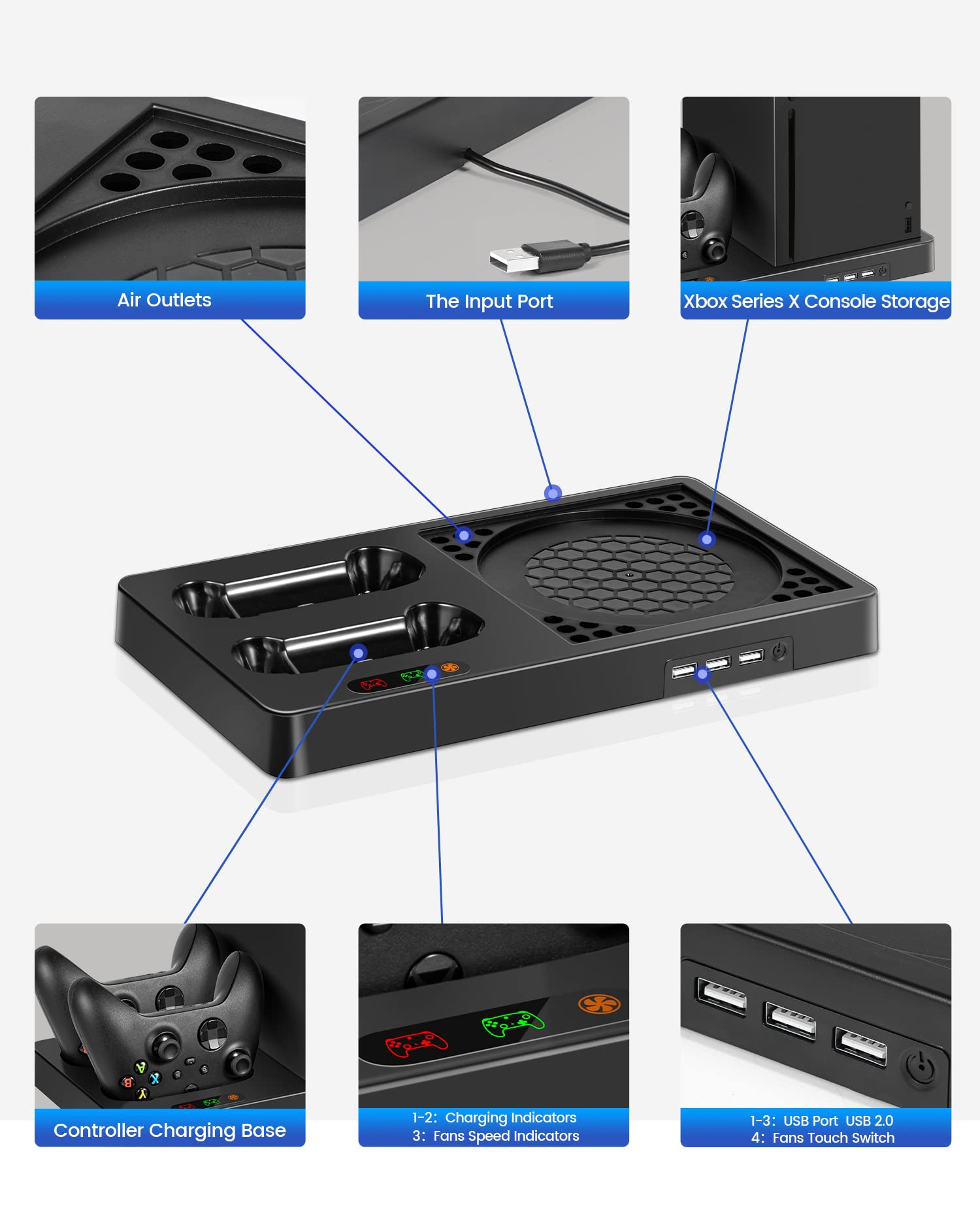 DEVASO Cooling Stand Compatible with Xbox Series X, Charging Station Dock with 2 Rechargeable Battery Pack and Dual Controller Charger Ports,3 Extra USB Ports, Black