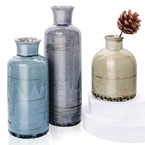 HAYHOI 3Pcs Ceramic Vases for Country Home Décor, Rustic Decorative Modern Farmhouse Flower Vase,Tall Small Boho Vases for Living Room Decor, Shelf,Centerpieces Decoration-Distressed Grey Blue Green