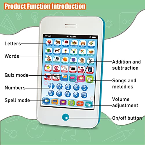 GAGINAN Baby Phone /Kids Tablet Learn Alphabets Words Numbers Music ABC Learning for Toddlers Educational Toy for 3Years+ (Blue)
