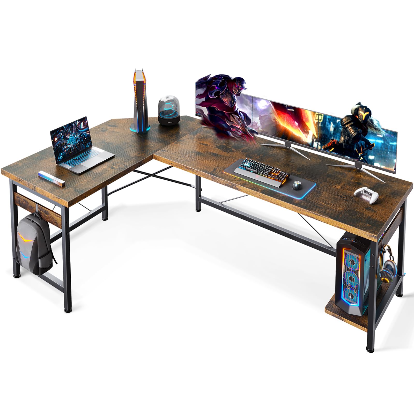 Coleshome 66" L Shaped Larger Gaming Desk, Corner Computer Desk, Sturdy Home Office Computer Table, Writing Workstation, Vintage