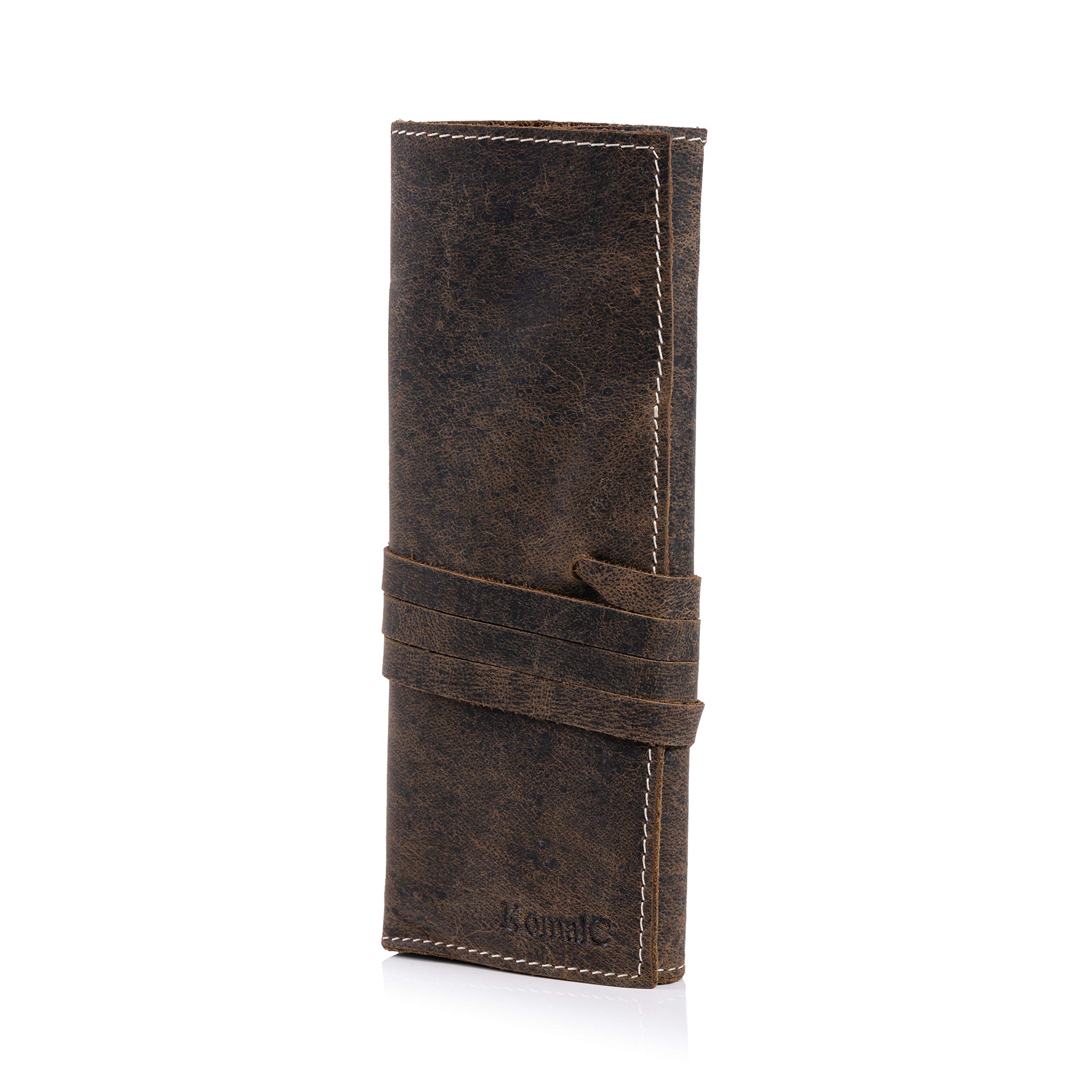 KomalC Genuine Leather Pen Case & Pencil Holder – Artisan Leather Stationery Roll/Foldable Pouch for Artists