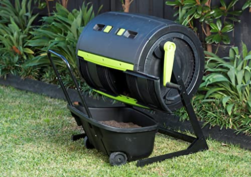 Maze 65 Gallon Dual Chamber Compost Tumbler with Large Double Door and Open Base and Comes with Maze Compost Cart