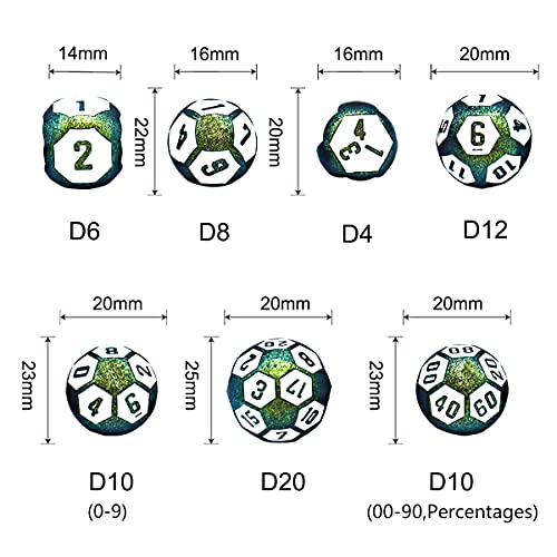 UONUOT 7pcs DND Football Metal Dice Set D&D Polyhedral Dice for Dungeons and Dragons Role Playing Dice Games RPGs (Green)