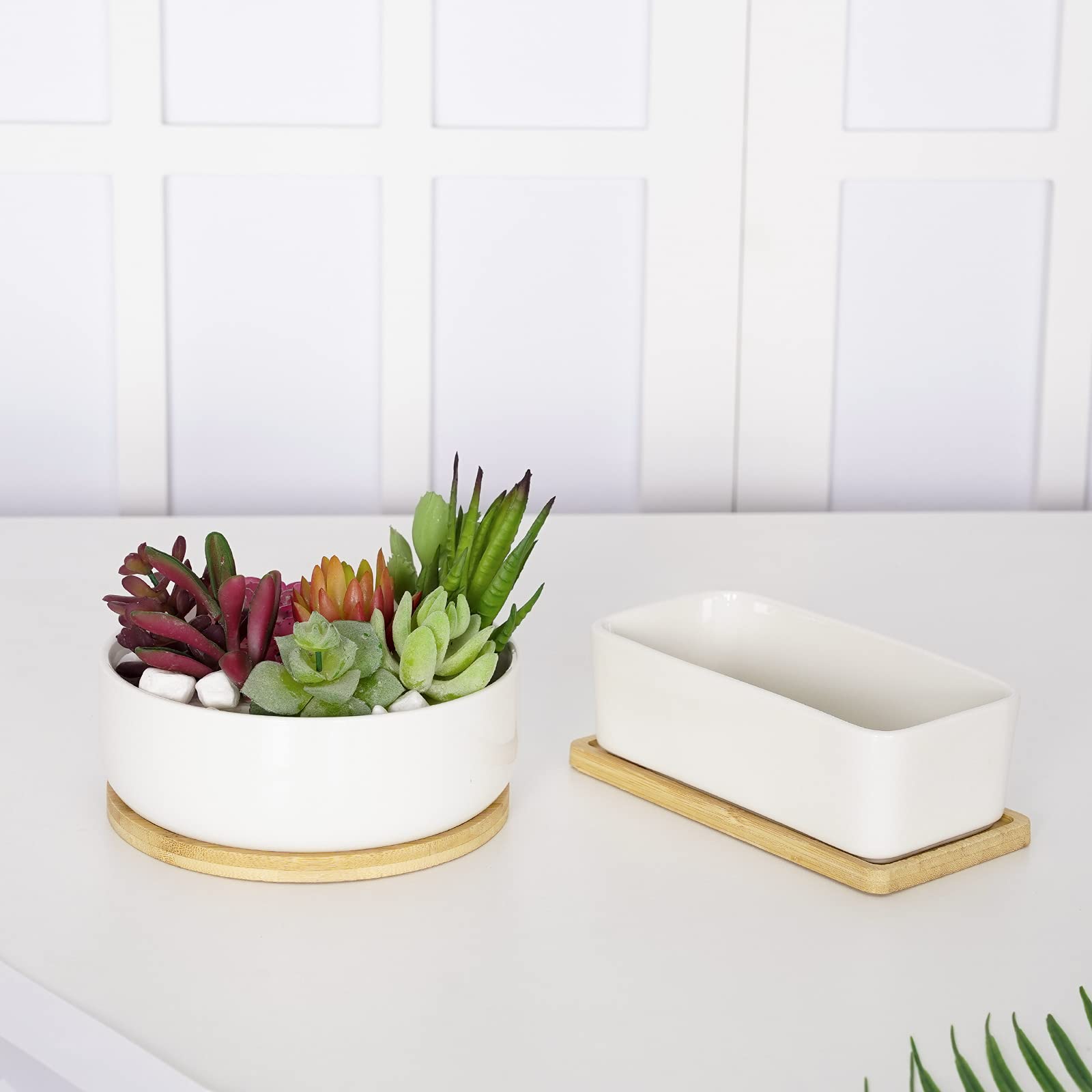 Fengson Succulent Pots, White Ceramic Flower Succulent Planters Pot with Bamboo Tray, 1 Rectangle Flower Pot + 1 Round Flower Pot 6.5" Drainage Hole for Cactus Herb Home