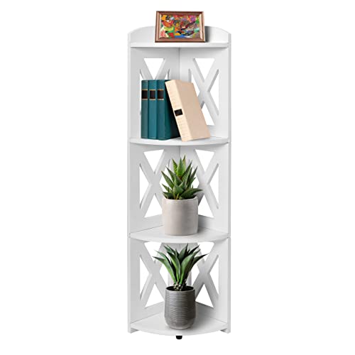 NHZ Corner Shelf Stand, Wood Corner Bookshelf, Corner Bookcase and Plant Stand (White, 4 Tier)