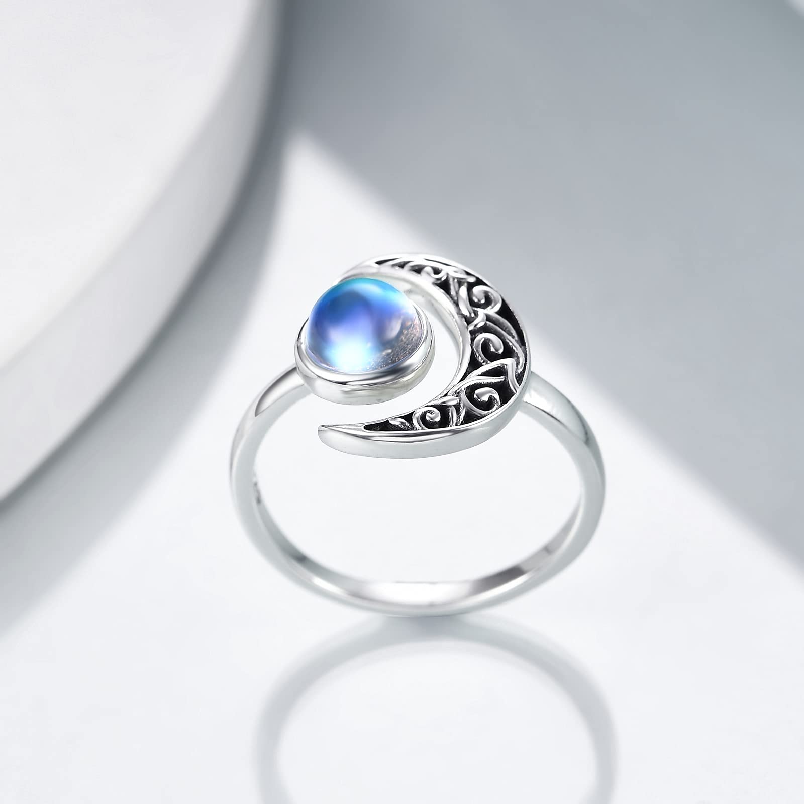 CRMAD Moonstone Ring for Women Sterling Silver Crescent Moon Adjustable Ring (7)