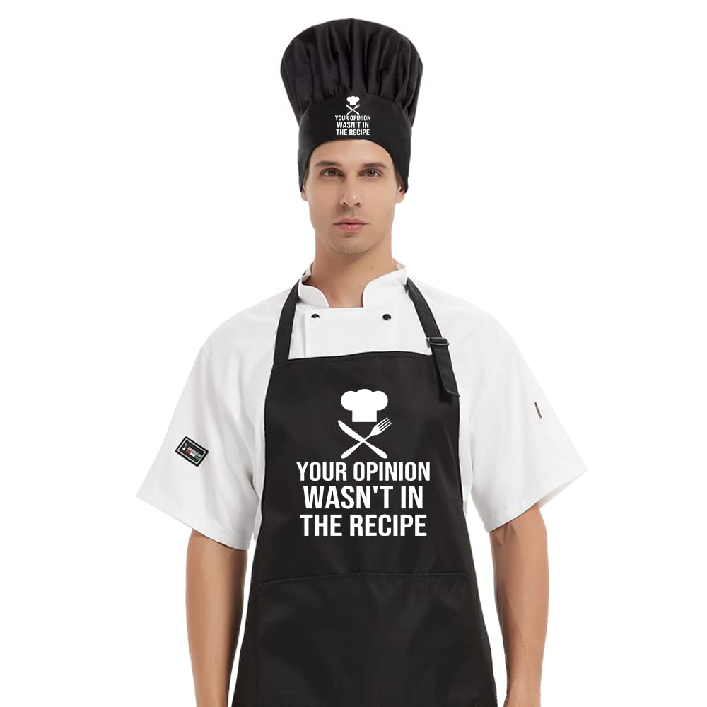 DYJYBMY Your Opinion Wasn't in The Recipe Chef Hat and Apron Set, Funny Cooking Grilling Apron Gift for Men Woman Dad Mom, Gift for Dad, Husband, Boyfriend, Chef, Adjustable Size