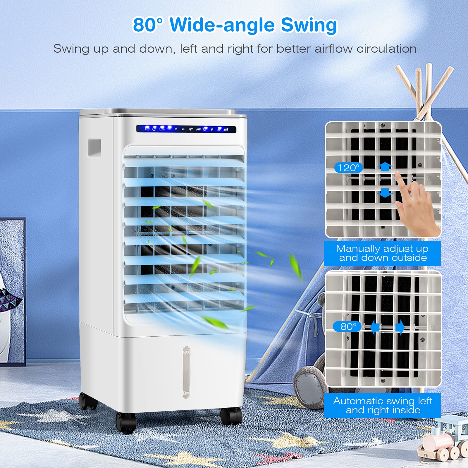 COSTWAY Portable Evaporative Air Cooler for Room, Include Remote Control, 4 Ice Packs, Portable Bladeless Fan with 3 Modes, 3 Speeds, 7H Timer, 6L Water Tank, Air Cooler for Indoor Use, Bedroom, White