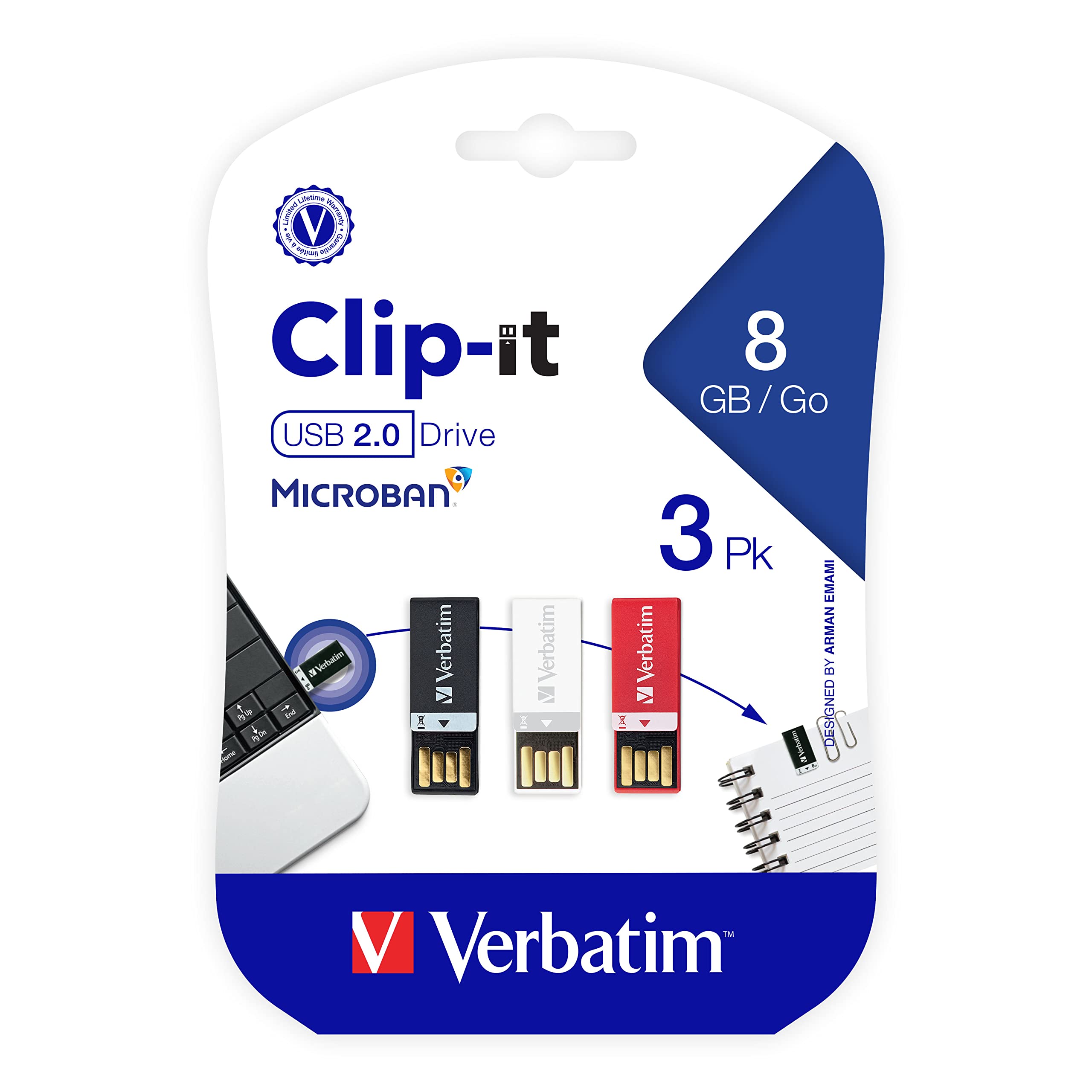 Verbatim 8GB Clip-It USB 2.0 Flash Drive Cap-less Thumb Drive Resistant to Water, Dust, and Static Discharge 3 Pack - Black, White, Red 98674