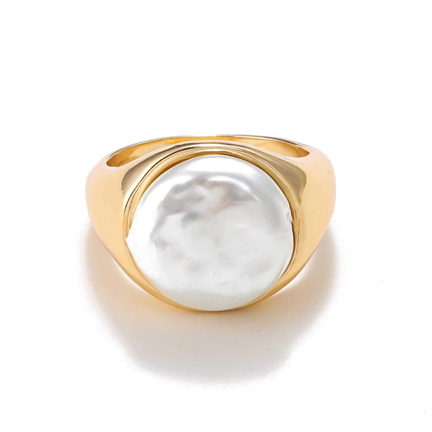 Donabus Statement Signet Ring, Cocktail Ring, Organic Pearl Ring with Hammered Metal, 90's Transperant Resin Ring, Gold Signet Ring (A)