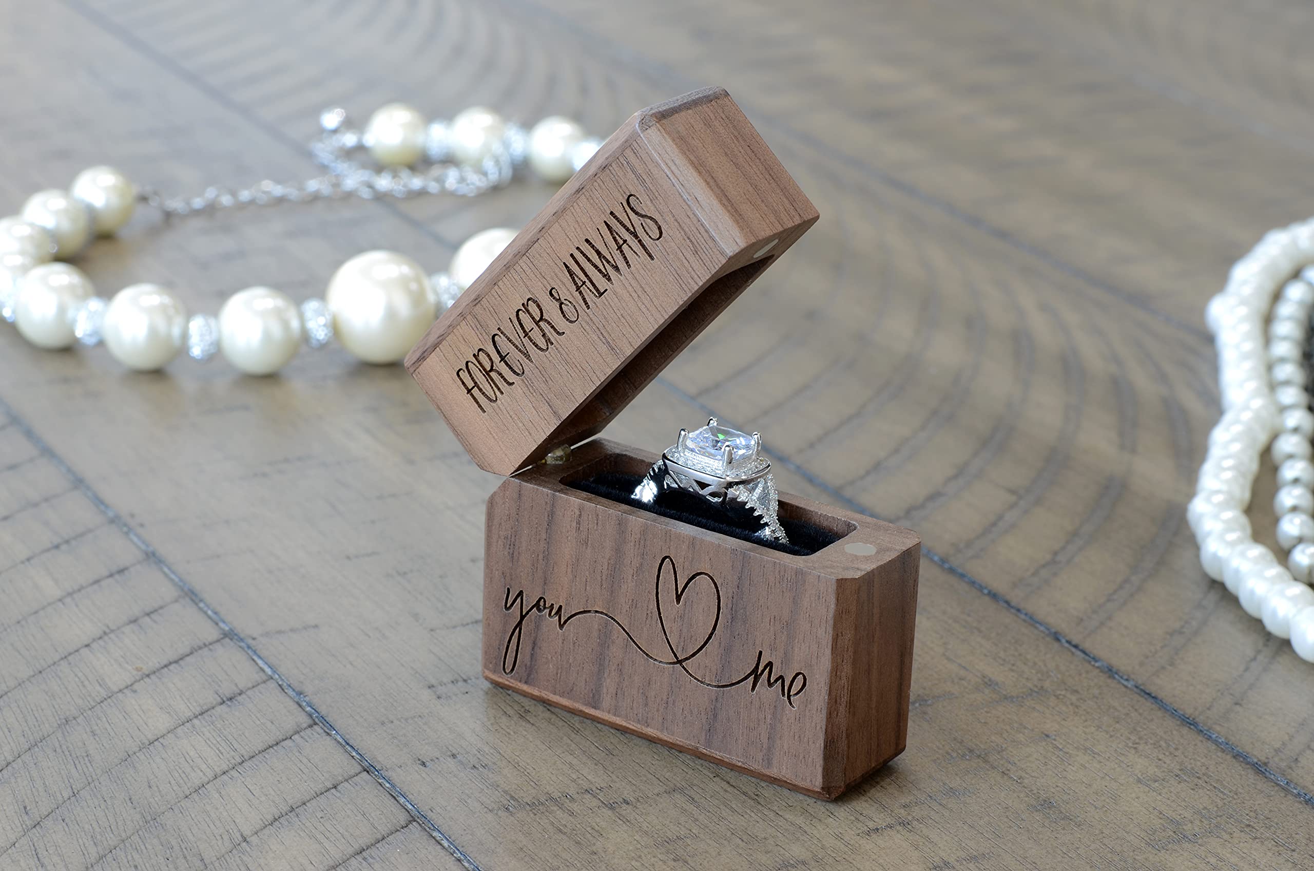 URBAN KRAFTS Engagement Ring Box for Proposal Slim Pocket Size Walnut Wooden Lighter Ring Box Engraved (Forever and Always You and Me)