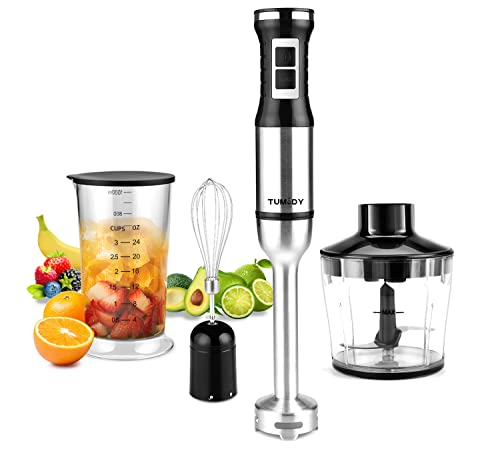 TUMIDY Immersion Blender Handheld 4 in 1 Hand Blender 500W Stepless Speed Stick Blender with Stainless Steel Blades, 750ml Chopper, 1000ml Chopper with Lid, Egg Whisk for Smoothie, Baby Food, Sauces