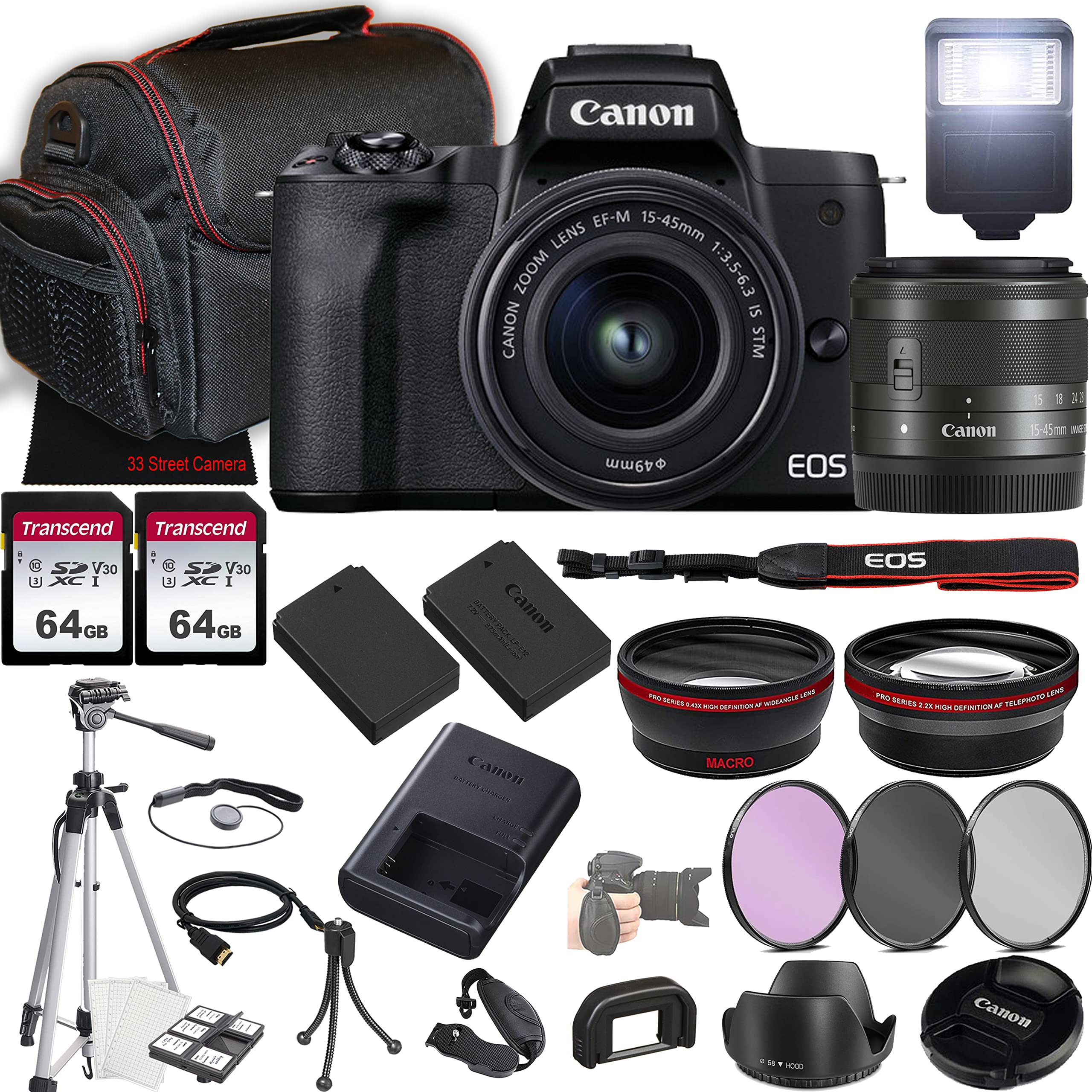 Canon EOS M50 Mark II Mirrorless Camera w/EF-M 15-45mm f/3.5-6.3 is STM Lens + 2X 64GB Memory + Case + Filters + Tripod + More (35pc Bundle) (Renewed)