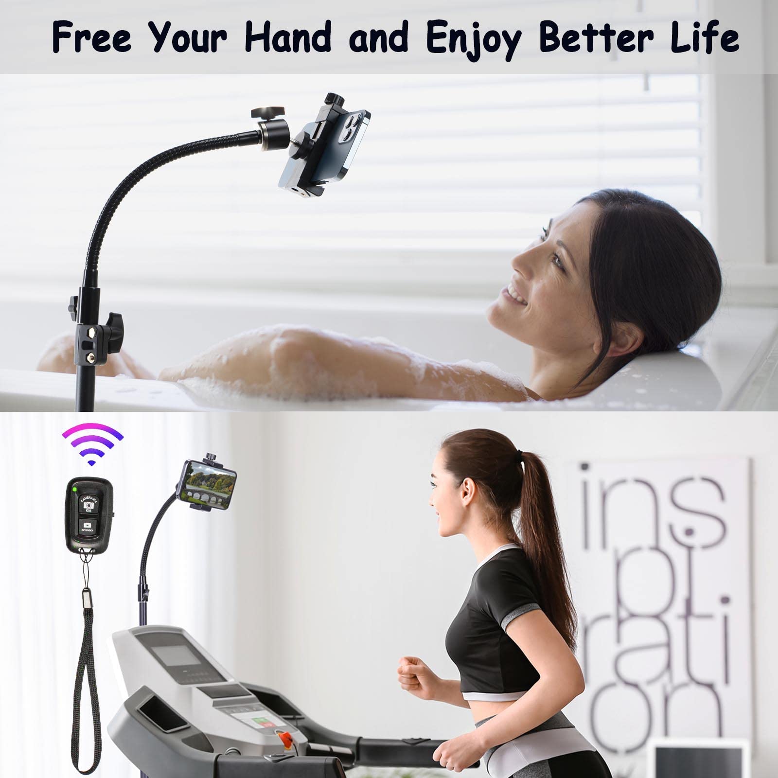 Phone Tripod, Phone Video Stand with Remote, Height Adjustable Ball Head, Gooseneck Phone Floor Holder for iPhone15, iPhone15 Plus, iPhone15 Pro, iPhone15 Pro Max, iPhone 14,14 Pro, Plus, 13, 12, 11