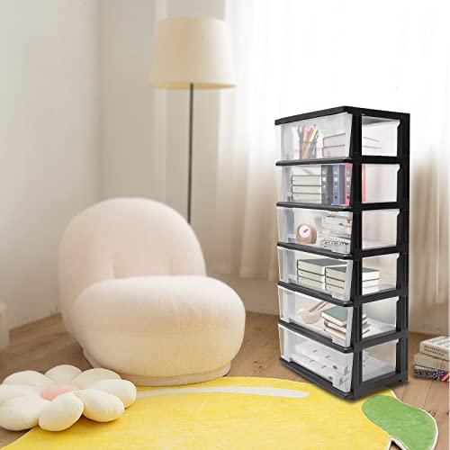 Gdrasuya10 Plastic Drawers Dresser with 6 Drawers, 19.7 x 13 x 43inches Plastic Tower Closet Organizer with Wheels Suitable for Apartments Condos And Dorm Room, (Black)