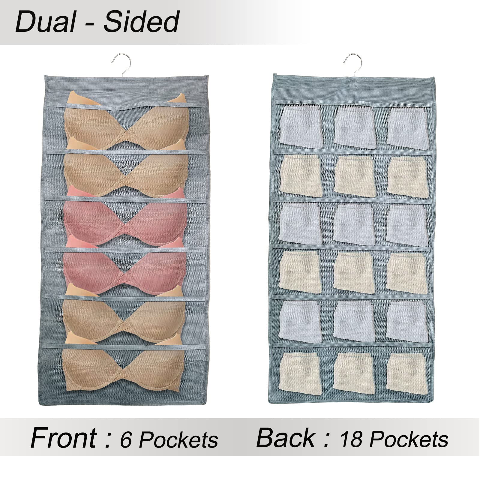 Taoomeho Hanging Closet Organizers and Storage Set,4-Shelf Foldable Hanging Storage Shelves and Dual-Sided Storage Bags,Great for Clothes Bag Bra Underwear Underpants Socks Organization Storage,Gray