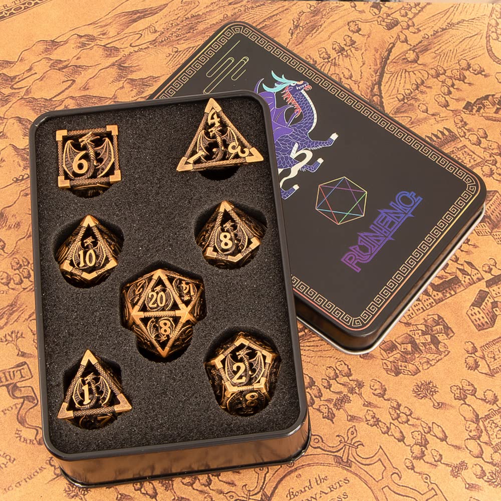 DND Dice Set D&D Dice, RUNFNG Ancient Gold Metal Dungeon Dragon Dice Set Lightweight Balance Roller Hollow Dice Set with Cool Box, Polyhedral Dice Set for Warhammer Shadowrun D20 D12 D10 D8 D6 D4