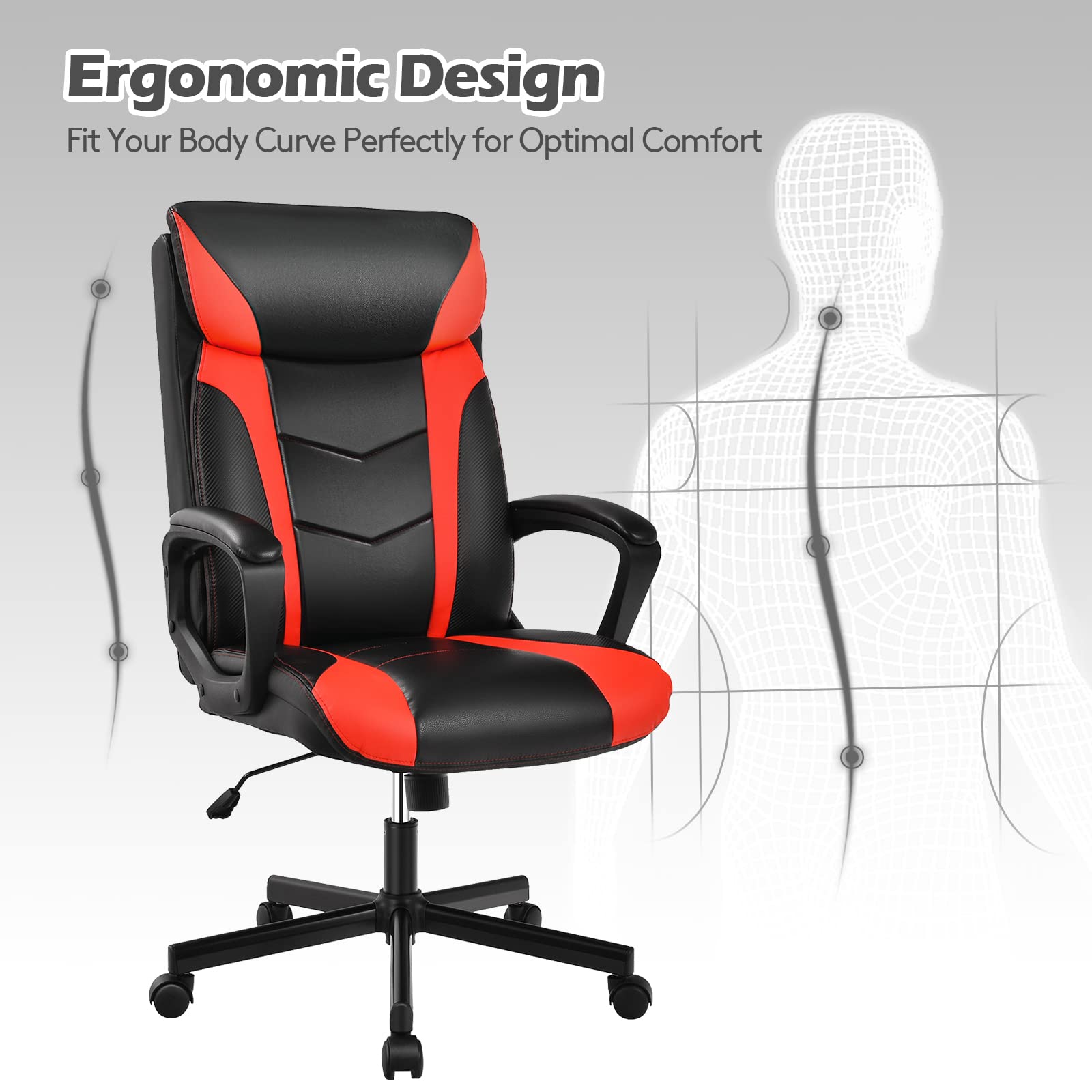 COSTWAY PU Leather Office Chair, Racing Style High Back Swivel Chair with Height Adjustable, Padded Headrest and Armrests, Ergonomic Computer Desk Executive Chair for Working Studying Gaming (Red)