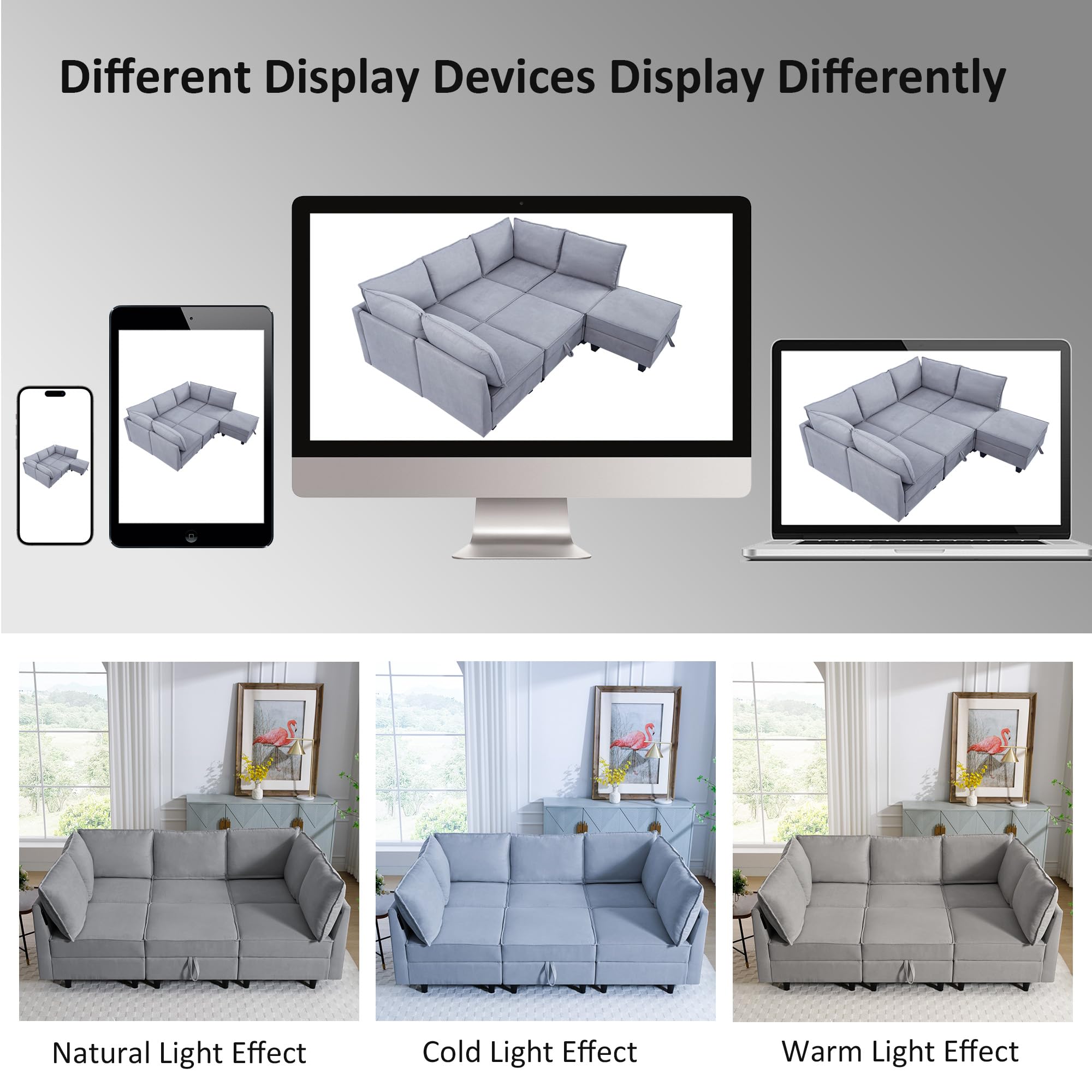 GNIXUU Modular Sectional Sofa Sleeper, Convertible U Shaped Storage Couch Bed with Ottoman, Oversized 7 Seat Couches for Living Room, Grey Linen