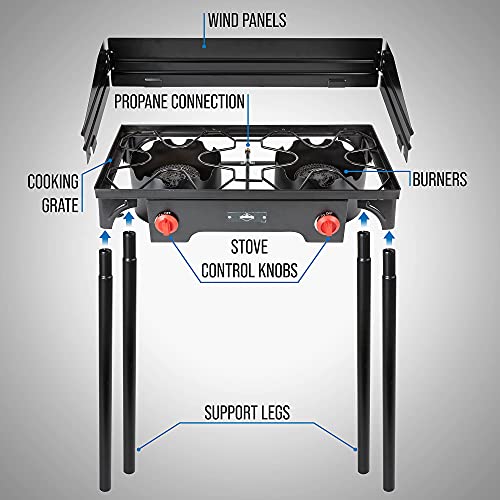 Hike Crew Cast Iron Double-Burner Outdoor Gas Stove | 150,000 BTU Portable Propane Cooktop w/Blue Flame Control, Removable Legs, Temperature Control Knobs, Wind Panel, Hose, Regulator & Storage Case