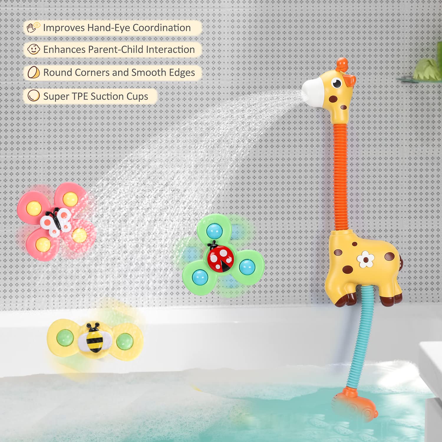 CLYMENE Bath Toys for Toddlers, Giraffe Shower Water Pump with 3 Suction Spinner Toys for Maximum Tub Bathtime Fun for Babies and Toddlers