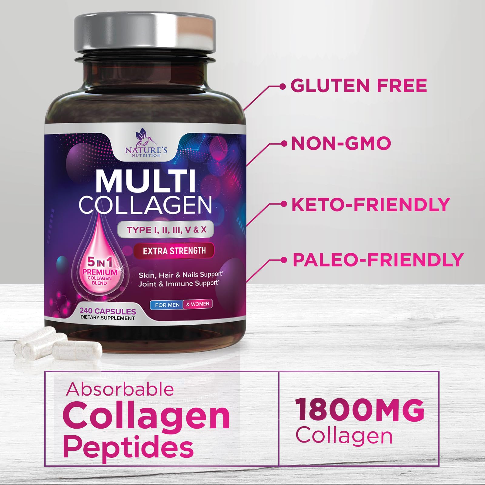 Collagen for Women & Men, Type I, II, III, V, X Collagen Pills Complex, Grass Fed Non-GMO, Nature's Hydrolyzed Multi Collagen Peptides Supplement, Hair, Skin, Nail, Joint Health Support - 240 Capsules